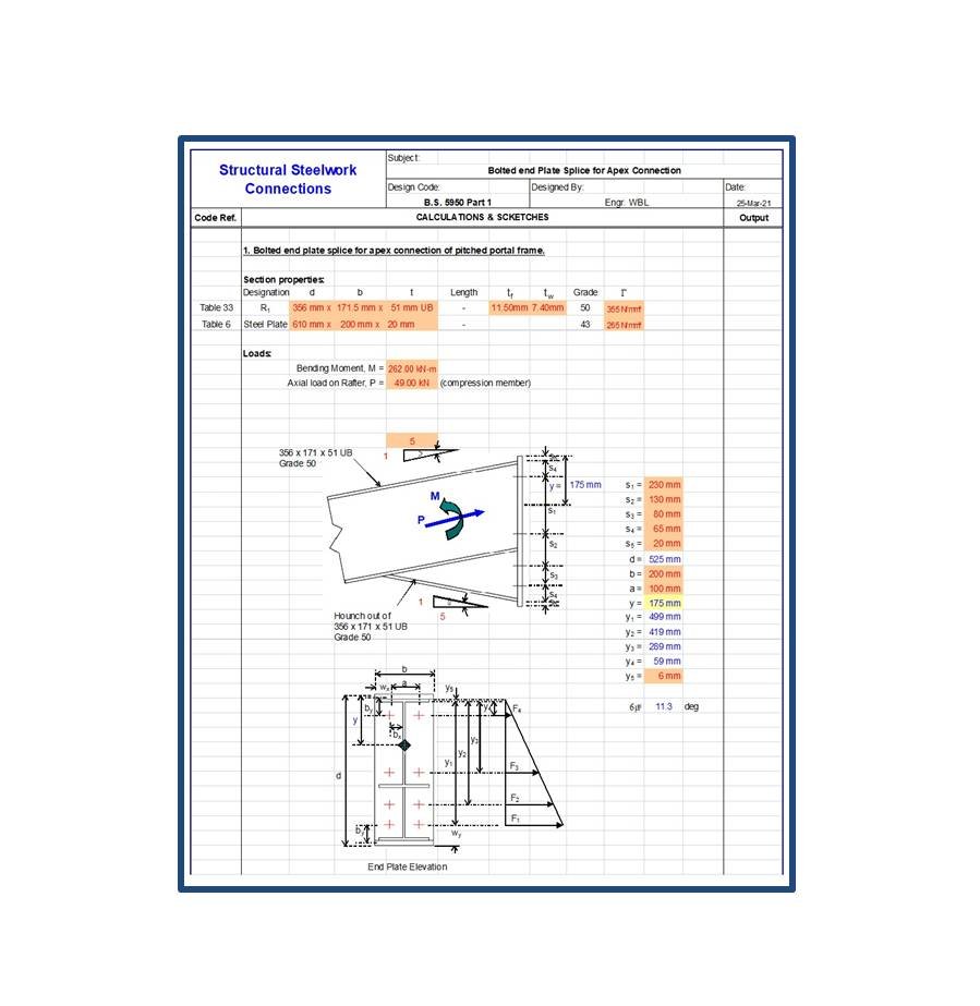 Bolted End Plate Splice Apex Connection of Portal Frame Design Excel Sheet - Get into Cart